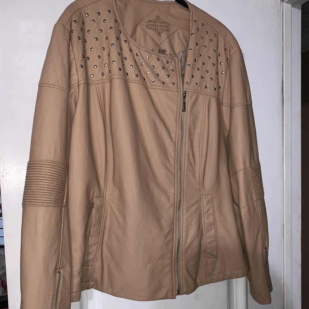 Light Brown Leather Jacket With Rhinestones - Gem